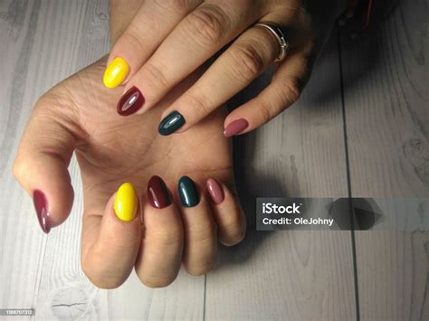 여러 가지 빛깔의 젤 바니시 화려한 디자인으로 여성의 손톱에 고급 매니큐어 확장 된 둥근 손톱 검은색에 대한 스톡 사진 및 기타 이미지 Istock