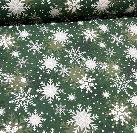 Snowflake Fabric Green Christmas Fabric Cotton Canvas Fabric