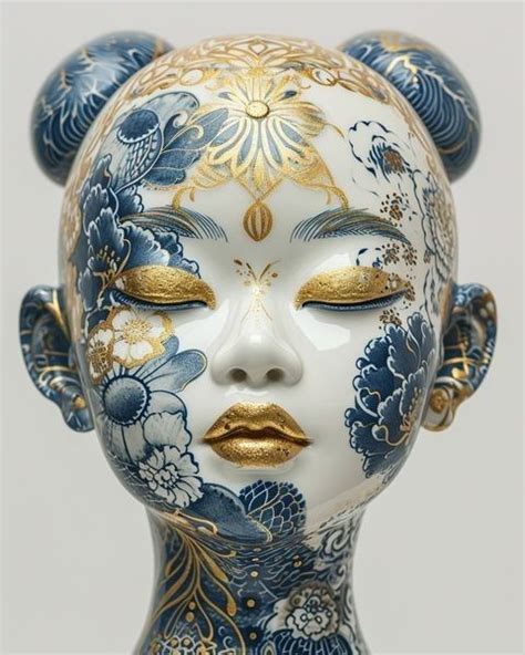 Beautiful Geisha Blue And White Porcelain Statue Wallpaper~ Background