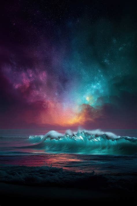 Cosmic Ocean Waves A Nighttime Seascape Of Dreams Stock Illustration