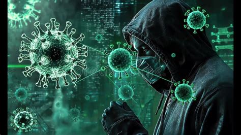Hacker With Virus Code In Dark Environment And Green Visuals Stock