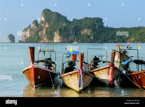 Longtail Boats Anchored At Ao Loh Dalum Beach On Phi Phi Don Island