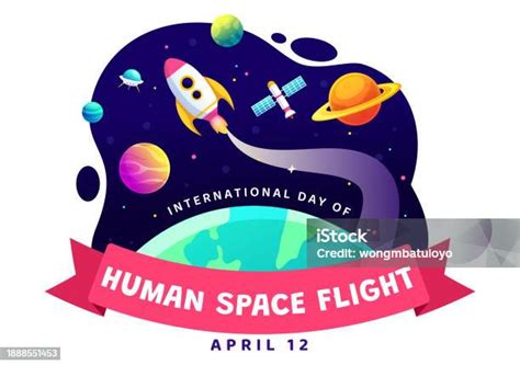 국제 인간 우주 비행의 날 벡터 일러스트 레이 션 4 월 12 일 우주 비행사가 달 송신기 위성 및 행성에 서 있습니다 과학에 대한 스톡 벡터 아트 및 기타 이미지 Istock