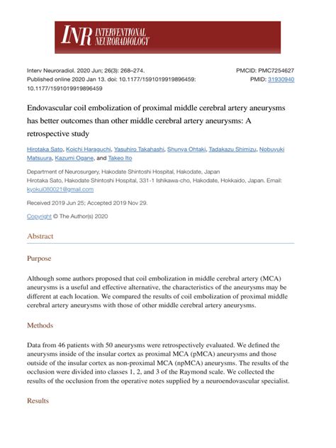 Endovascular Coil Embolization Of Proximal Middle Cerebral Artery Aneurysms Has Better Outcomes