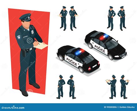 Isometric Police Officer In Uniform And Police Car Vector Illustration