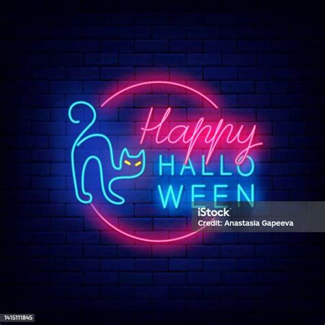 벽돌 벽에 해피 할로윈 네온 라벨 원 프레임에있는 푸른 마녀 고양이 무서운 휴일 엠블럼 벡터 일러스트 레이 션 10월에 대한