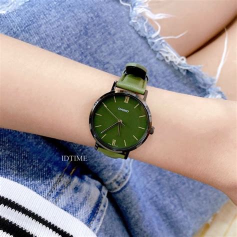 นาฬิกาคาสิโอข้อมือผู้หญิง รุ่น Ltp Vt02bl 3 สายหนัง สีเขียว สินค้ารับ