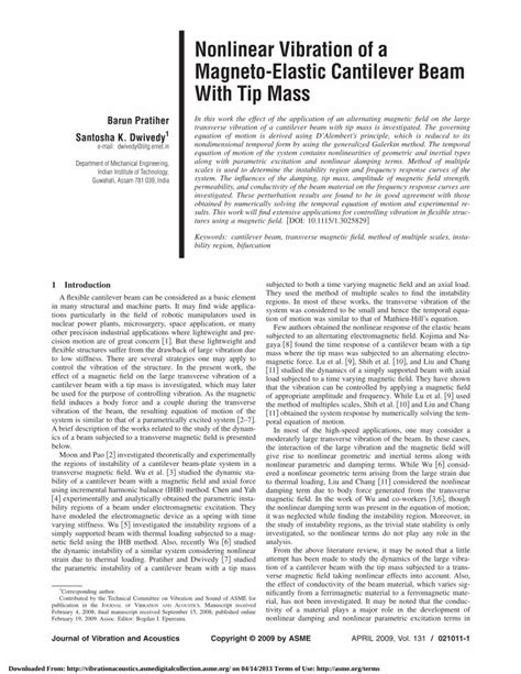 Pdf Nonlinear Vibration Of A Magneto Elastic Cantilever Beam With Tip