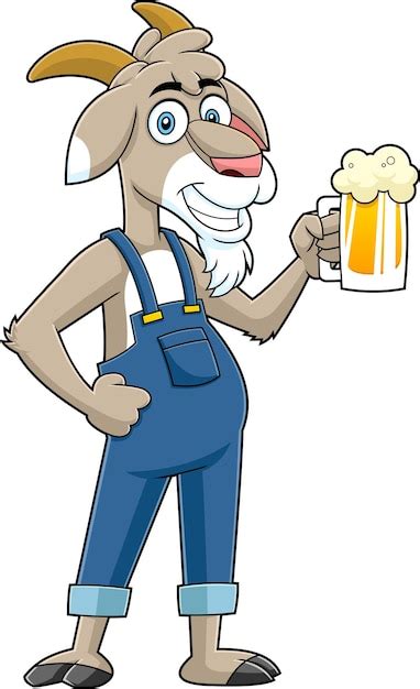 맥주 벡터 손으로 그린 그림 한 잔을 들고 염소 농부 만화 캐릭터 프리미엄 벡터