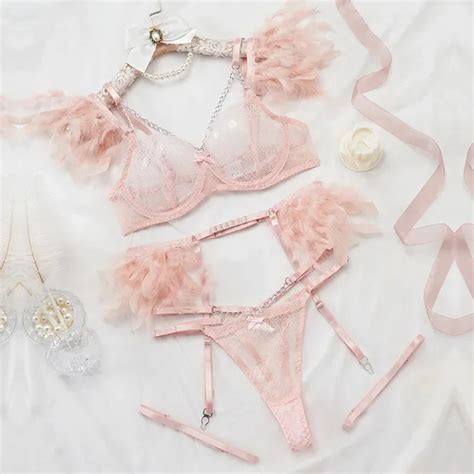 Sexy Lace Lingerie Set With Feather Women S Chain Perspective Underwear