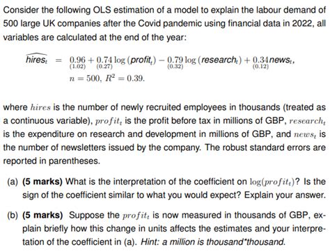 Solved Consider The Following Ols Estimation Of A Model To