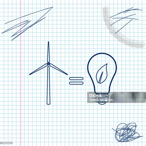 Turbin Angin Dan Bola Lampu Dengan Daun Sebagai Ide Ikon Sketsa Lini