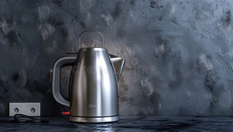 Electric Kettle Plugged Into Power Socket On Dark Grey Wall Indoors Stock Illustration
