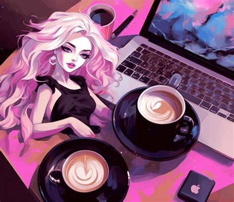 There Is A Woman Sitting At A Table With A Laptop And A Cup Of Coffee