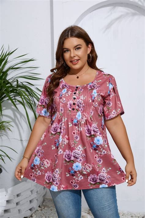 Auciccoo Plus Size Tunic Tops For Women Tulip Petal Short Sleeve Casual