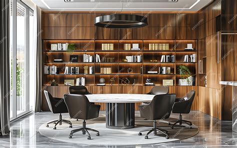 Modern Style Office Interior Design A Wooden Bookcase With Black Chairs
