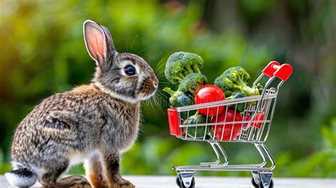 Curious Rabbit Inspects A Shopping Cart Overflowing With Broccoli And Tomatoes Against A Vibrant