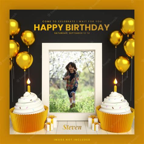 흉내낸 검은색 황금 인스타그램 포스트 템플릿을 위한 생일 케이크 초대 카드 프리미엄 Psd 파일