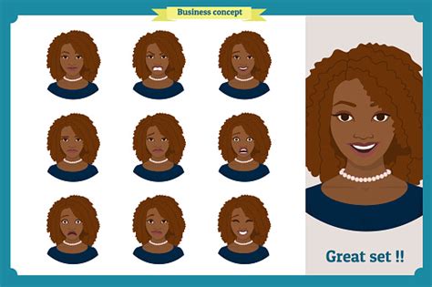 흑인 여성 식의 집합입니다 벡터 일러스트 레이 션 감정 초상화에 고립 감정적인 여자 머리입니다 벡터 얼굴 소녀 아바타 화가 외침 슬픈 웃 고 귀여운 사업가 귀여운에 대한