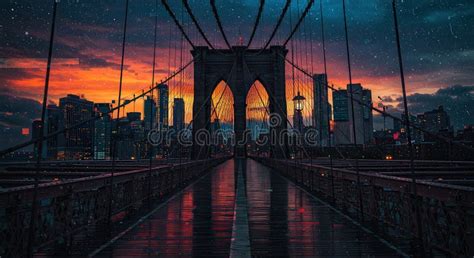 Brooklyn Bridge At Sunset A Cityscape Symphony Stock Illustration