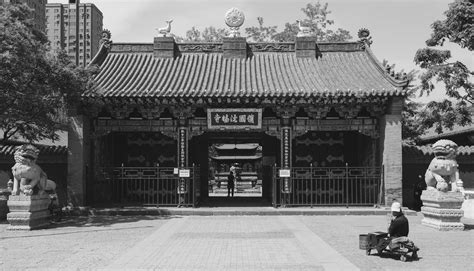 돌 수호 사자가 있는 전통 중국 사원 문 · 무료 스톡 사진