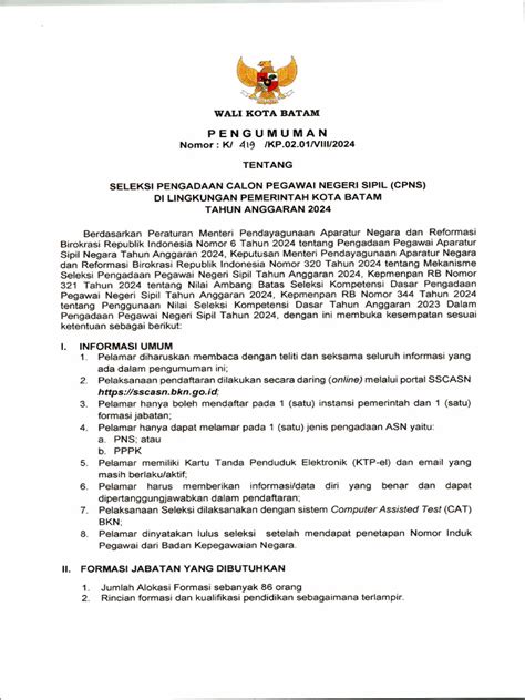 Pengumuman Seleksi Pengadaan Cpns Ta 2024 Pemerintah Kota Batam 1 Pdf