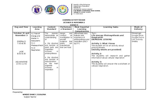 Learning Activity Plan Copy Republic Of The Philippines Department