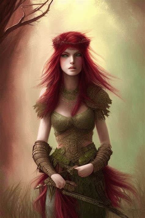 Beautiful Warrior Princess With Green Eyes And Maroon Hair By Daniel