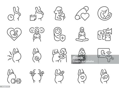 임신 아이콘 세트입니다 여기에는 임산부 엄마 엄마 산전 관리 및 더 많은 아이콘이 포함되었습니다 편집 가능한 벡터 스트로크 임신에 대한 스톡 벡터 아트 및 기타 이미지