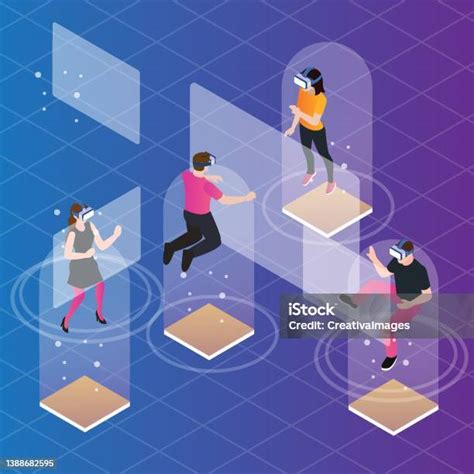 메타버스 공간 아이소메트릭 3d에 떠있는 Vr 안경을 착용한 젊은이들 메타버스에 대한 스톡 벡터 아트 및 기타 이미지 메타