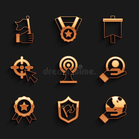 Set Target With Arrow Shield Flag Hand Holding Earth Globe For