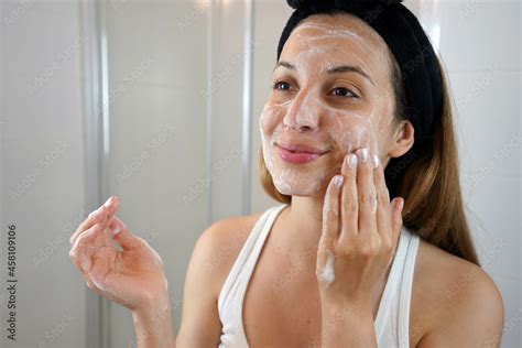 Young Skin Care Routine Girl Washing Face Foaming Soap Scrubbing Skin