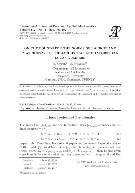 Pdf Some Bounds For The Norms Of Circulant Matrices With The K Jacobsthal And K Jacobsthal