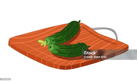 신선한 작은 오이가 나무 도마에 펼쳐져 있습니다 육즙이 많은 녹색 둥근 야채 커팅 트레이에 신선한 비타민이 있습니다 요리 블로그 레시피 카드 벡터 일러스트 레이 션 가정