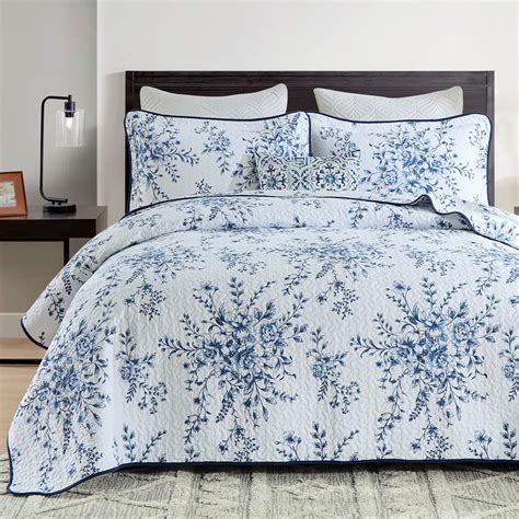 Cozydh 100 Cotton King Quilt Set Lightweight Cottage Blue Floral