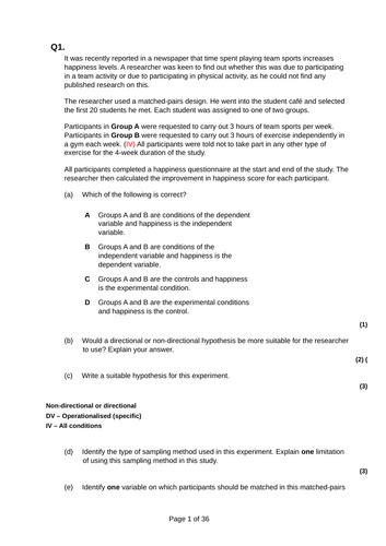 Aqa A Level Psychology Mixed Exam Questions Teaching Resources