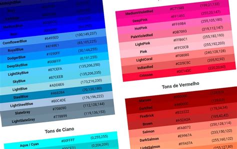Tabela De Cores Html Css Em Hexadecimal E Rgb