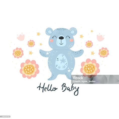 흰색 배경에 꽃과 인사말 카드 귀여운 만화 곰 안녕하세요 아기 카드 벡터 인쇄 0명에 대한 스톡 벡터 아트 및 기타 이미지 0명 곰 귀여운 Istock