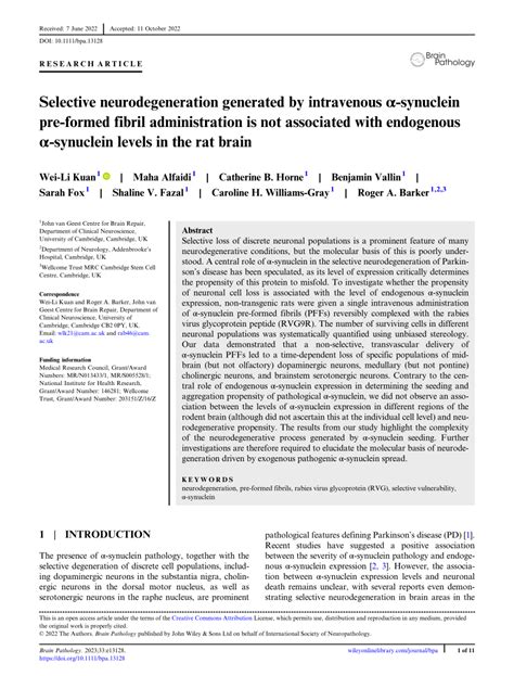 Pdf Selective Neurodegeneration Generated By Intravenous α‐synuclein