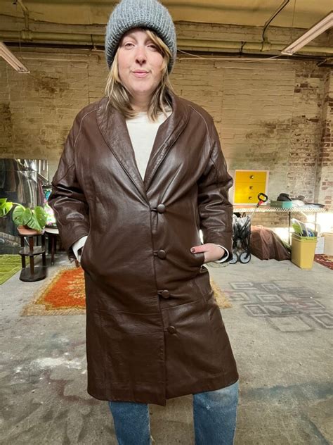 Vintage Brown Leather Trench Coat Thick Winter Dark J… Gem