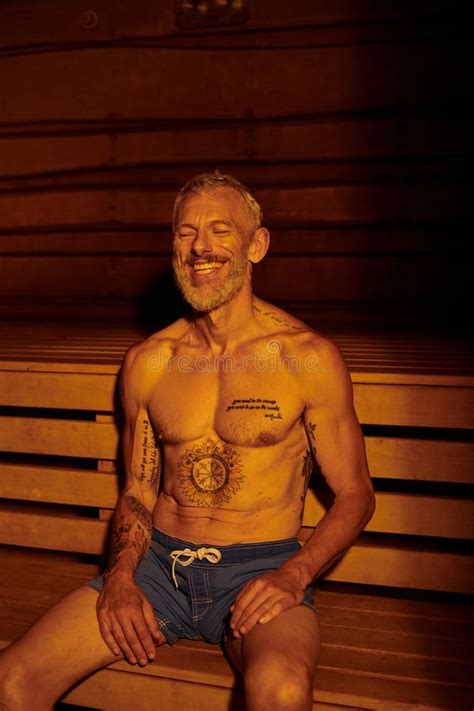 Positive And Shirtless Middle Aged Man Stock Image Image Of Sauna