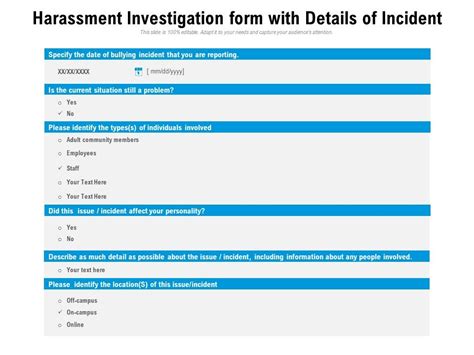 Harassment Investigation Form With Details Of Incident Ppt Powerpoint