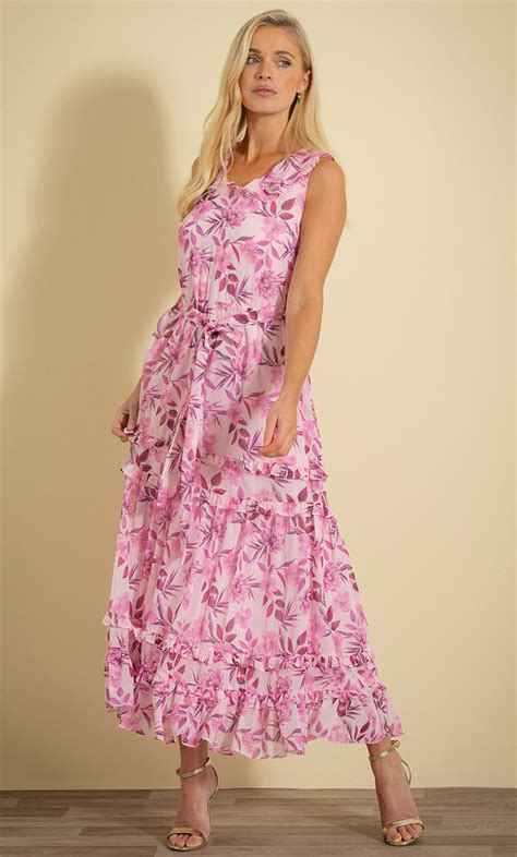Floral Chiffon Tiered Maxi Dress In Pink Klass