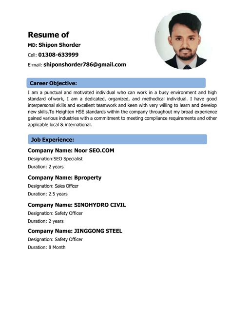 Ppt Resume Of Md Shipon Shorder 2 Powerpoint Presentation Free