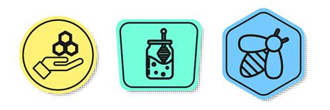 세트 라인 허니콤과 손 꿀과 꿀 디퍼 스틱과 꿀벌의 항아리 컬러 셰이프입니다 벡터 건강한 식생활에 대한 스톡 벡터 아트 및 기타 이미지 건강한 식생활 곤충 국자