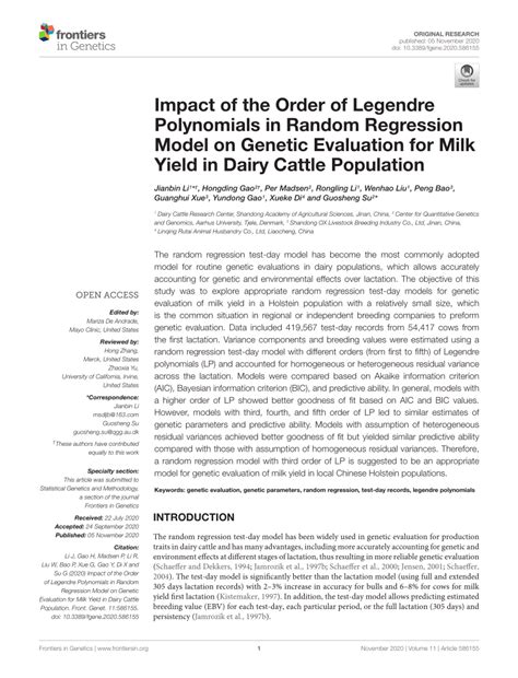 Pdf Impact Of The Order Of Legendre Polynomials In Random Regression Model On Genetic