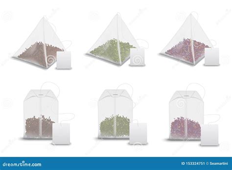 Tea Bag Pyramids Teabag Tags Realistic Mockups Stock Vector