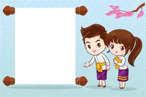 전통 의상 사와디를 입은 태국 캐릭터와 태국 전통 디저트 세트를 선보인 환영 프리미엄 벡터