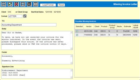 Missing Invoice Letter