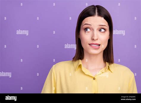 Photo Of Young Pretty Lady Bite Lips Teeth Worried Guilty Fail Look